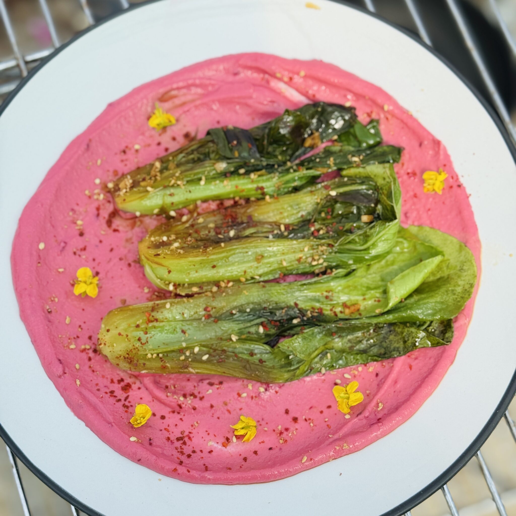 Braised Pak Choi with Ginger & Pink Tahini Cream - The Happy Pear