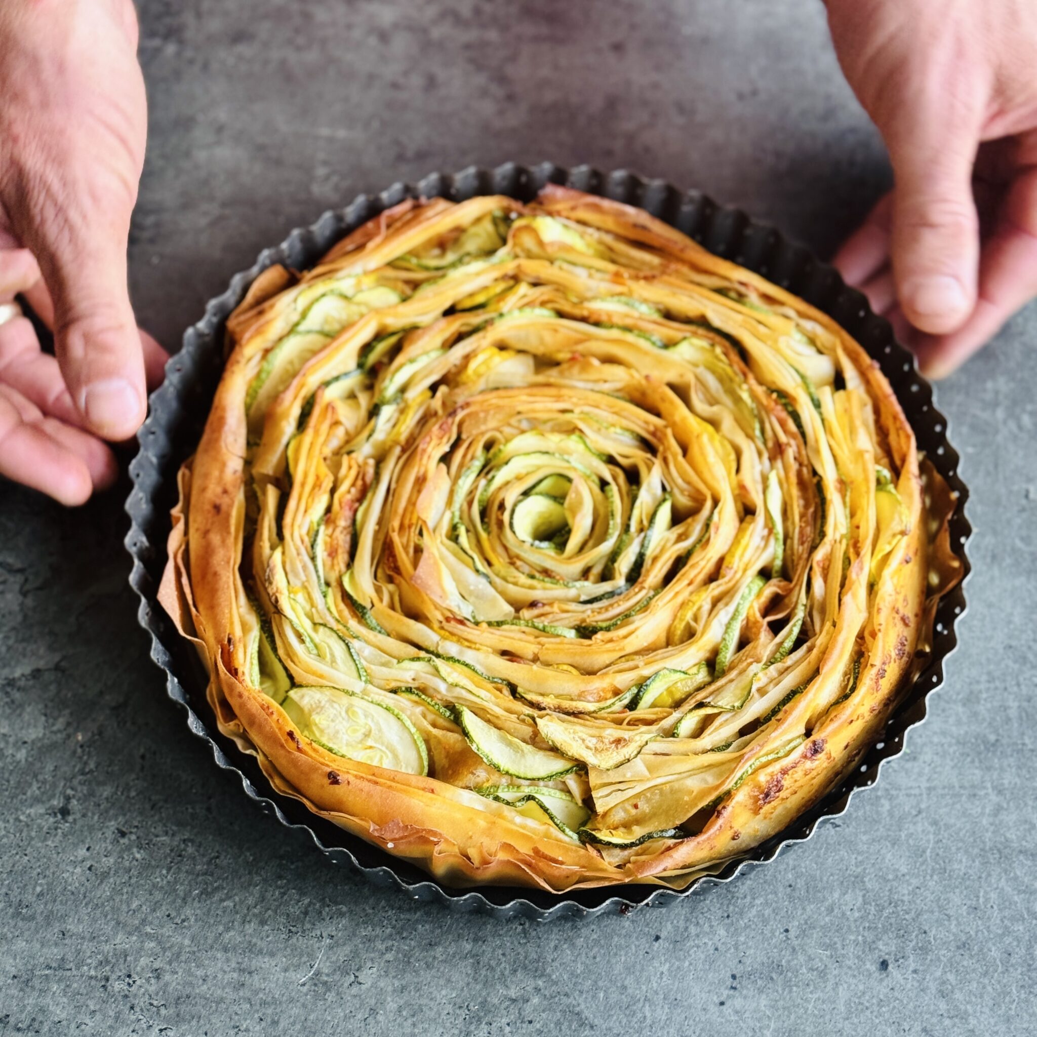 Crispy Courgette & Red Pepper Pesto Filo Spiral - The Happy Pear
